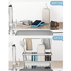 VOGWOLTH Sponge Holder for Kitchen Sink, Sink Caddy Kitchen Sponge Holder for Dish Rags Brush Soap Scrubber, Stainless Steel 304 Counter Organizer with Auto Drain Tray