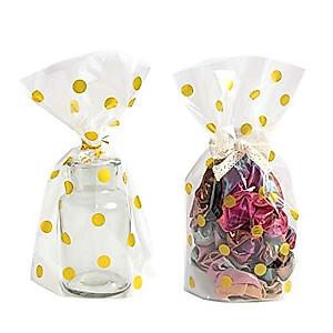 SBYURE Clear Cello Bags Plastic Gold Polka Dot Candy Bags 6x10 inch for Treat Candy Cookie Bakery Party Favor Bags,Pack of 100 with Gold Twist Ties