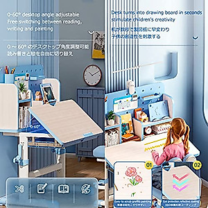 Kids Desk and Chair Set 3-18 Year Old, Toddler Chair and Table Set, with 0-60° Table Angle Adjustment and Easy to scrub graffiti painting desktop, Height Adjustable Ergonomic Children Study Desk ( Col