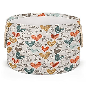 Love Heart Birds Letter Pattern Large Round Baskets for Storage Laundry Baskets with Handles Blanket Storage Basket for Bathroom Shelves Bins for Organizing Nursery Hamper Girl Boy