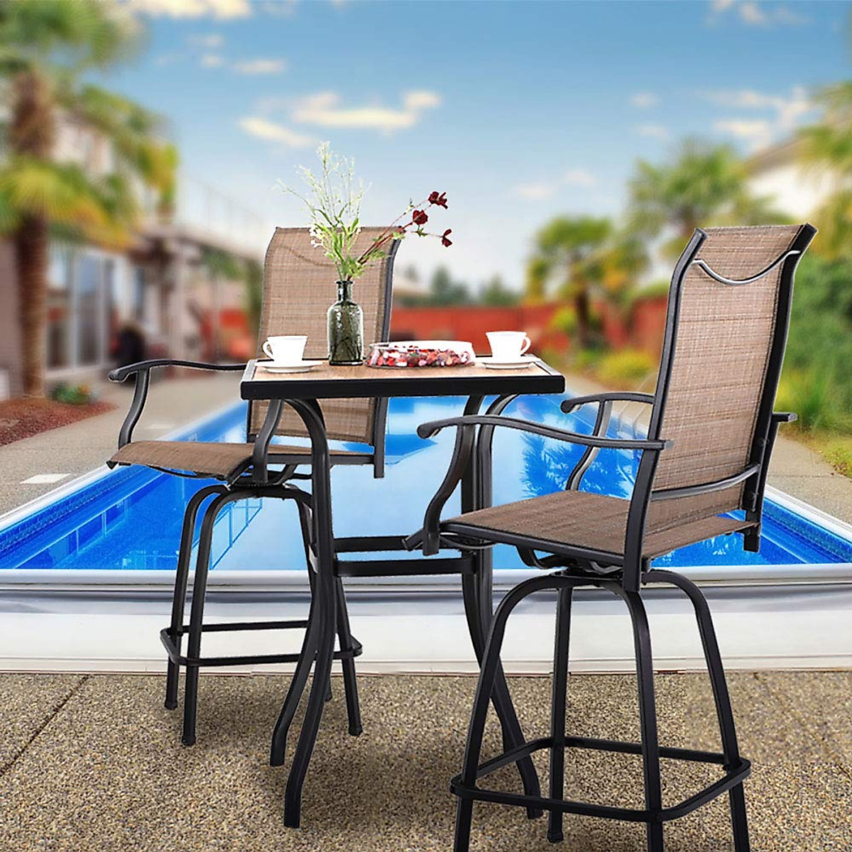 PHI VILLA 3 PCS Patio Swivel Bar Set Outdoor Furniture Bar Height Bistro Set, 2 Bar Stools and 1 Table