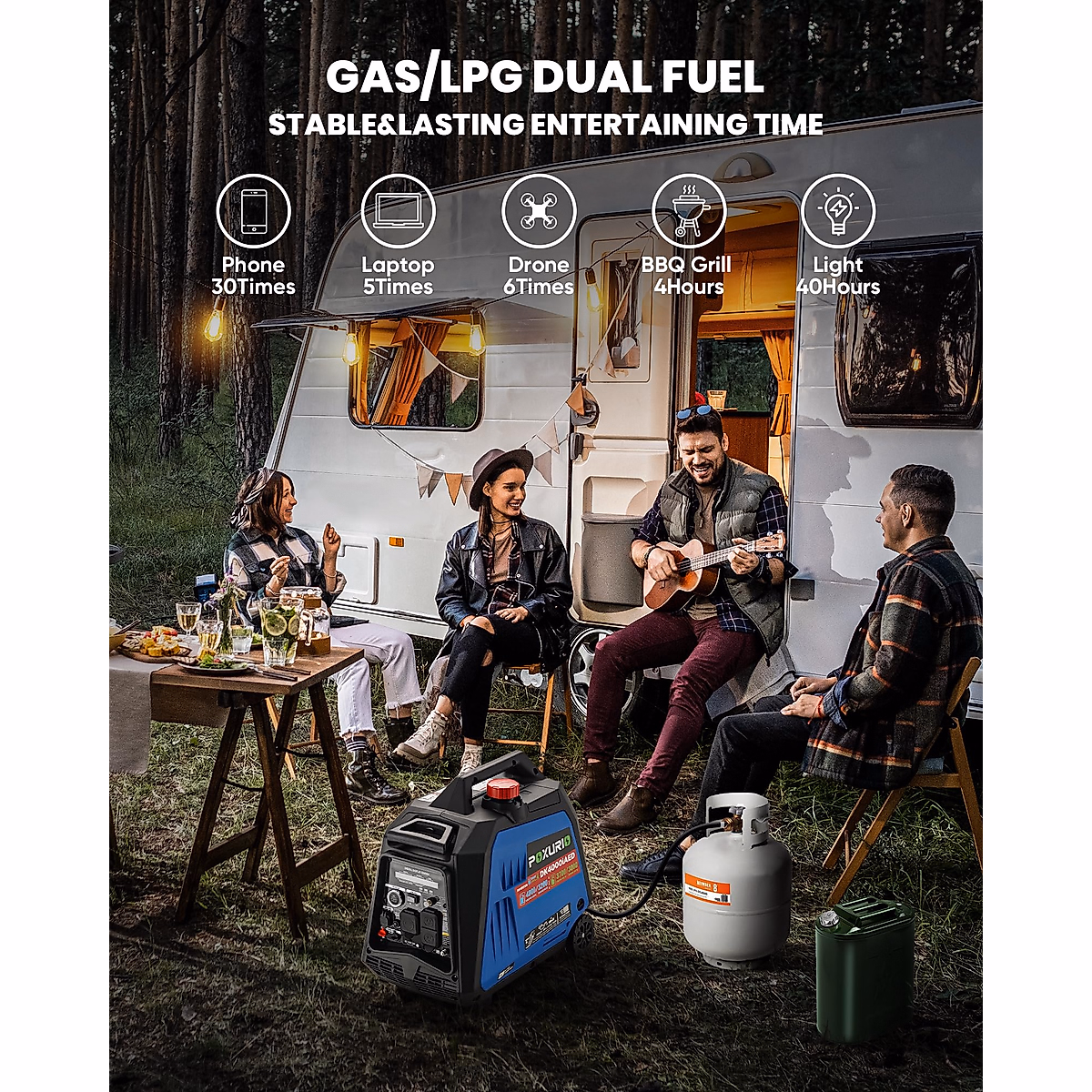 POXURIO 4000 Watt Dual Fuel Inverter Generator, Gas Propane Powered Generator Super Quiet, Remote Start/CO Sensor/RV Ready/EPA for RV, Camping and Home