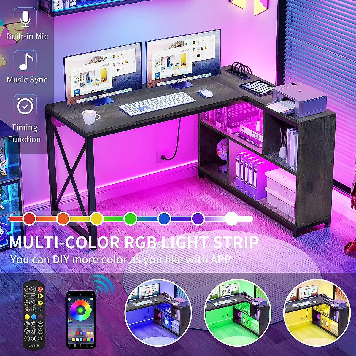 YITAHOME L Shaped Desk with Storage Shelves, 55" Computer Desk with Power Outlets & LED Lights, Corner Desk for Home Office Small Space, Grey