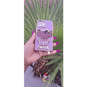 Fancy Kitty Phone Case for Iphone14 Pro Max, 6D Plating MIUMIU with Kickstand Designer Makeup Mirror case, Luxury Girly for Woman Full Camera Coverage,Glossy, Hands-Free (Purple)