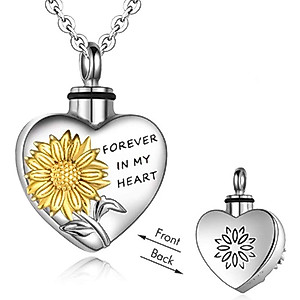 Jude Jewelers Stainless Steel Heart Shaped Sun Flower Ash Urn Keepsake Memorial Loved Ones Pendant Necklace (Silver Gold)