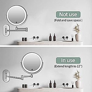 Rechargeable Wall Mounted Lighted Makeup Vanity Mirror 8 inch 1X/10X Magnifying Bathroom Mirror with 3 Color Lights, Double Sided with Dimmable LED Lights, Extended Arm 360°Shaving Light up Mirror