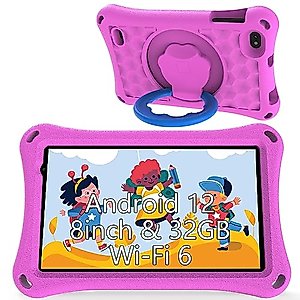 8 inch Kids Tablet, 32GB ROM Android 12 Tablet for Kids Parent Control Toddler Tablet with Case, 2GB RAM Wifi Tablet Pc, Pre installed Learning Education Tablets, 2+5MP Dual Camera IPS Screen, Pink