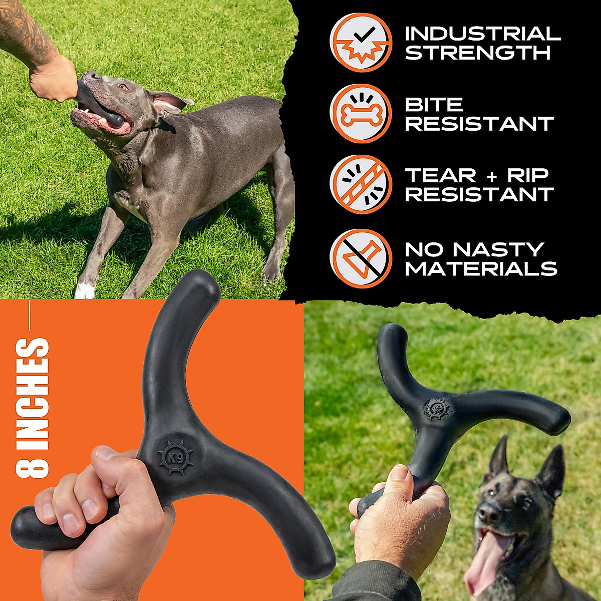 Monster K9 Ultra Durable Boomerang Dog Toy - Medium & Large Breed - for Super Aggressive Power Chewers - Tough & Strong, Extreme Heavy Duty Natural Rubber - Fetch, Tug, & Chew - 8" Dia.
