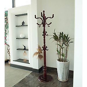 Zacammy Heavy Coat Rack Freestanding, Natural Wood Hall Tree, Adjustable Height 73in and Versatile 14 Hooks for Entryway, Porch, Living Room, Bedroom, Home Office (Rosewood)