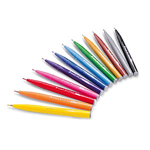 Pentel SES15-12 Brush Sign Pen Basic Assortment Fibre-Tip Brush Like Tip Pack of 12 Assorted Colours