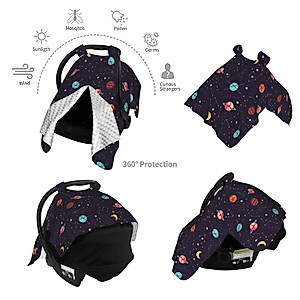 Rutiea Planets and Stars Car Seat Cover for Babies, Peekaboo Opening Minky Carseat Canopy Stroller Cover for Newborn, Mom Nursing Breastfeeding Covers, Blanket for Infant Toddler