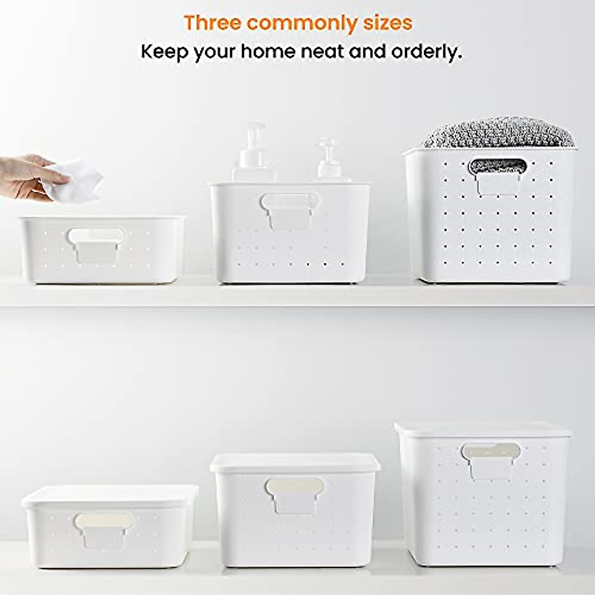 vacane Plastic Storage Bins with Lids Set of 3, Stackable Organizer Lidded Basket with Writable Label for Organizing, Sturdy Containers for Shelves Pantry Office School/S+M+L/White