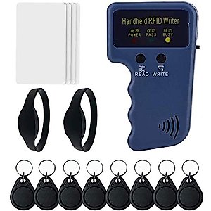 125khz RFID Card Copier Duplicator Handheld RFID Reader for Door Access Control +8pcs T5577 Key Fob Tags + 2pcs Regular EM4100 Wristband + 4pcs T5577 RFID Cards