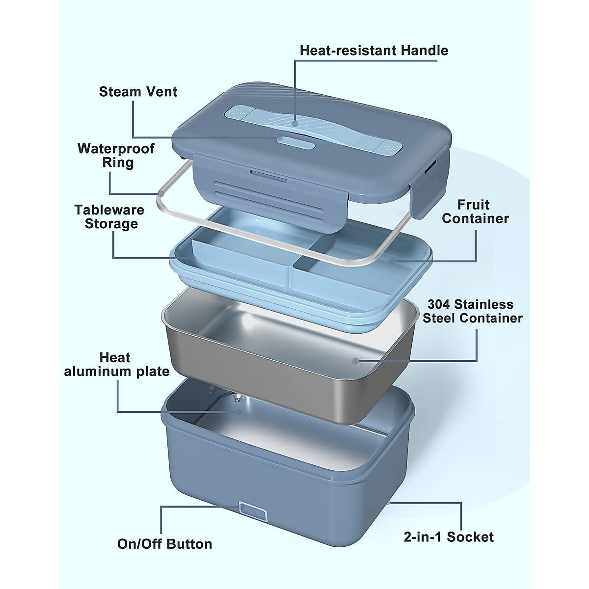 Monteka Electric Lunch Box Food Heater, Upgrade 100W High Power Portable Food Warmer, Heated Lunch Box for Adults Car/Home with 1.8L Removable Stainless Steel Container, 12V/24V/110V/220V, Blue