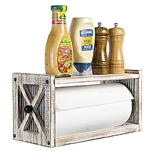 FARM IN Paper Towel Holder, Rustic Wall Mount & Countertop Kitchen Organizer with Top Storage Shelf and Barn Door “X-Cross” Design, Industrial Farmhouse Paper Towel Dispenser, Bathroom Towel Rack