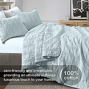 100% Cotton Quilt Set Queen Size, Baby Blue Pre-Washed 3-Piece Bedspread Coverlet Set, Cozy Lightweight Stitching Decorative Bedding Cover with 2 Shams in Geometric Pattern Rustic Style for All Season