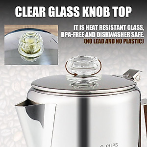 APOXCON Multi Use Coffee Percolator Using On Indoor Induction Cooktop, Electric Stove, Outdoor Campfire Stovetop, Camping Coffee Pot with Glass Knob Top 9 Cup