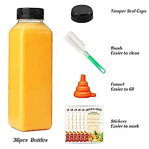 BAKHUK 36pcs 16oz Empty Plastic Juice Bottles with Caps, Reusable Clear Bulk Beverage Containers for Juice, Milk and Other Beverages