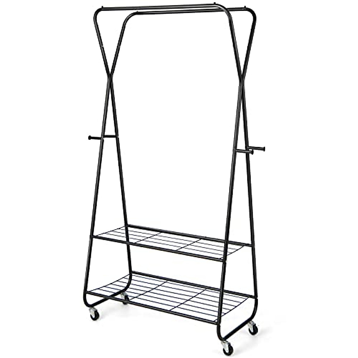 Giantex Metal Rolling Garment Rack, Clothing Rack with Wheels, Double Hanging Rods, 2 Shelves, 4 Hooks, Freestanding Clothes Organizer Rack with 2 Lockable Wheels for Bedroom, Balcony, Dorm, Black