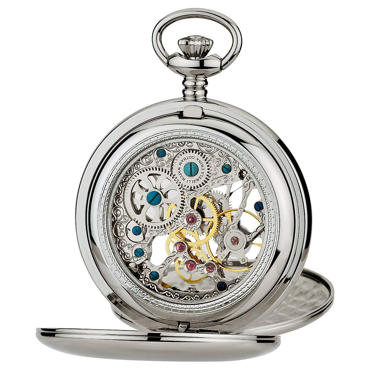 Gotham Men's Chrome Plated Brass Double Cover Exhibition Mechanical Pocket Watch # GWC18804S