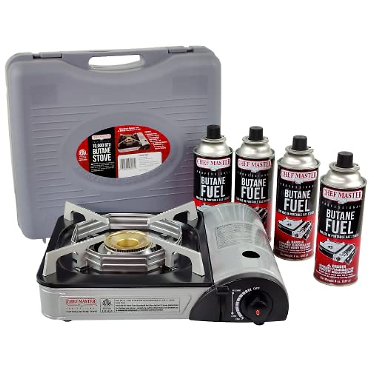 Chef Master 90011 Portable Butane Stove | 10,000 BTU Outlet | Camp Kitchen Equipment | Emergency Stove | Hurricane Stove | Single Burner Camp Stove | Camping Cooking Stove + 4 Fuel Canisters