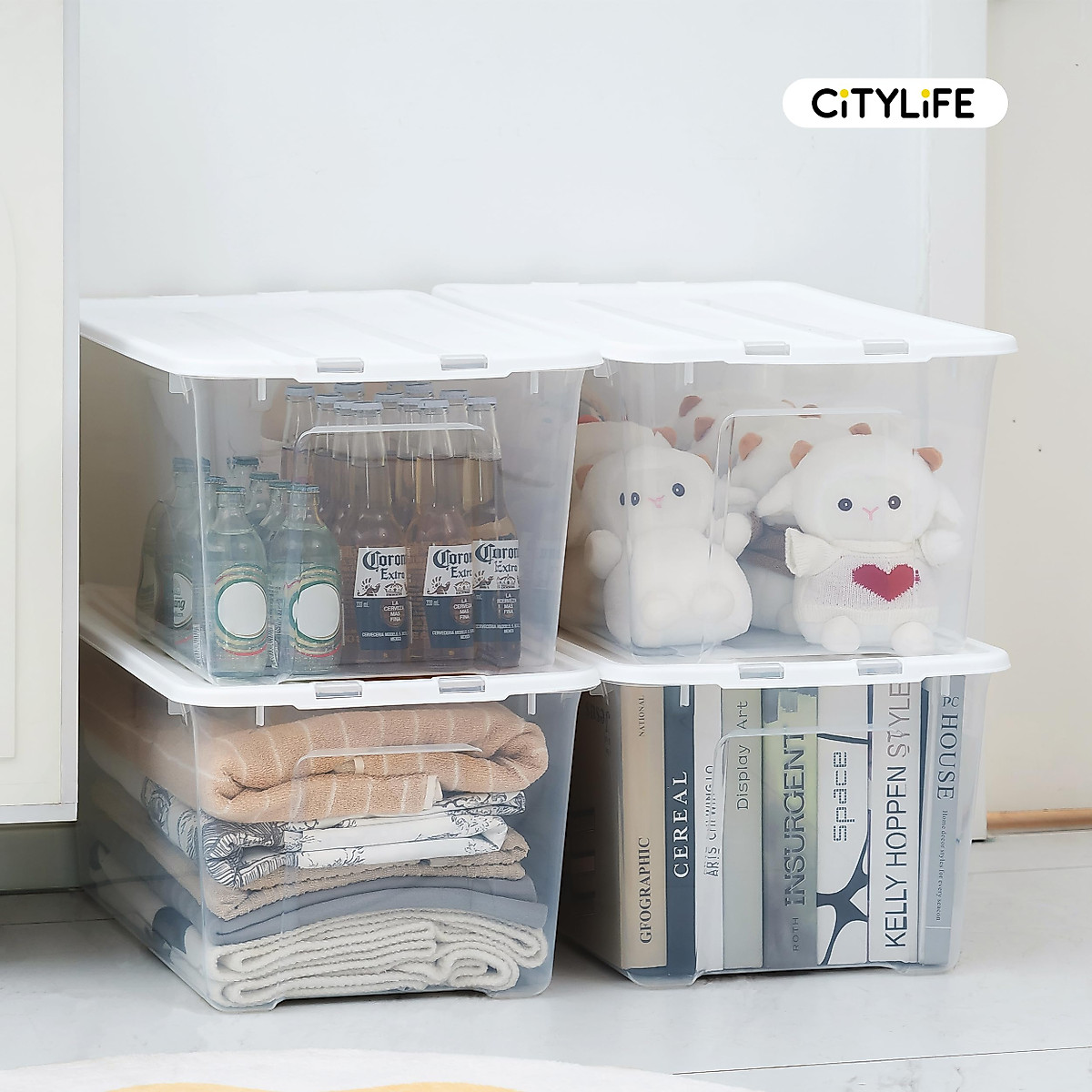 Citylife 54 Quart Stackable Storage Plastic Storage Box with Tight Locking Lid Clear Storage Box Chest, Plastic Container for Organizing Clothes in Closet, 4-Pack