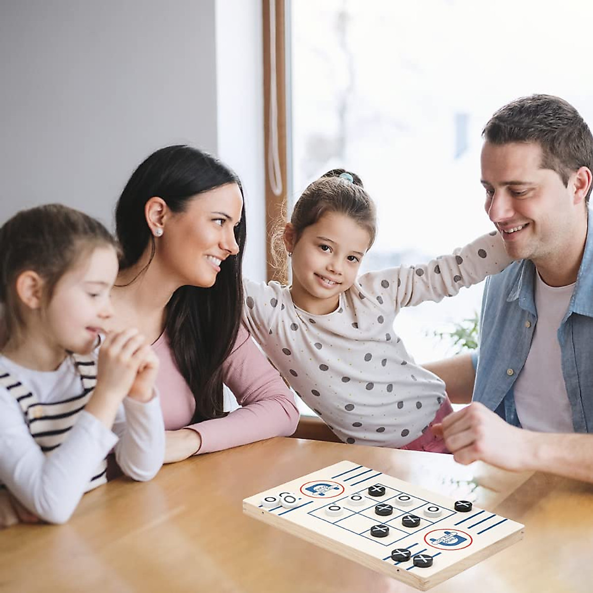 Niino 2 in 1 Fast Sling Puck and Tic Tac Toe Game Board | Tic Tac Toe Board and Family Wooden Hockey Game | String Puck | Gift for Adults & Kids Children | 20 Pucks with Storage Pouch (13 X 8 Inches)