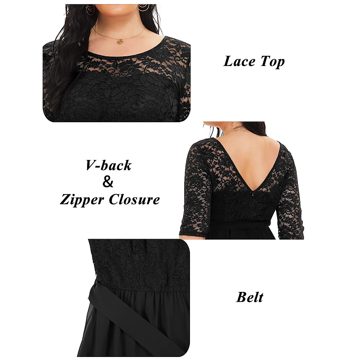 Plus Size Black Formal Gowns Evening Dresses Lace Wedding Prom Party 3/4 Sleeve Long Maxi Elegant Dresses for Women