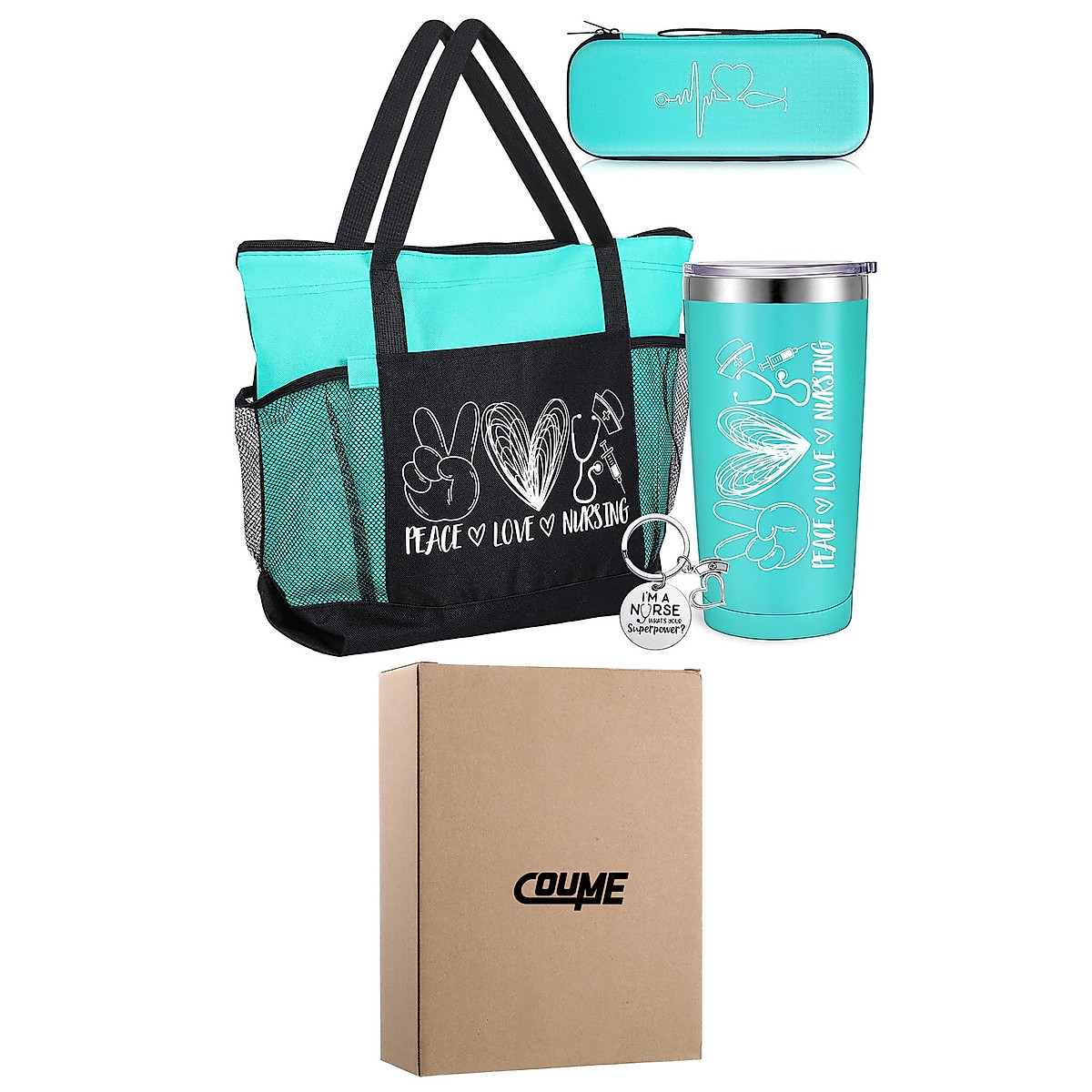 Coume 4 Pcs Nurse Gift for Women Peace Love Nursing Appreciation Gift Set Include Zippered Nurse Tote Bag Stethoscope Case Wine Tumbler Keychain for Nurse Graduation Rn Gift Nursing Bags (Turquoise)