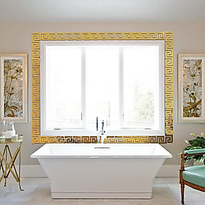 Lubise 32Pcs Gold DIY Mirror Stickers Removable Adhensive Wall Stickers Decals for Home Art Room Bedroom Background Decoration (Geometric Greek Key Pattern)