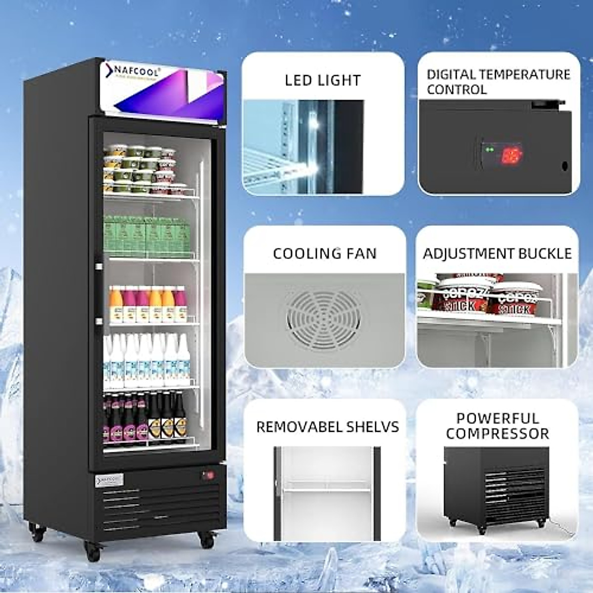 NAFCOOL Commercial Beverage Refrigerator Display Fridge, Tall Slim Single Door Merchandiser Drink Cooler with LED Light Adjustable Shelves,ETL and NSF Approval,18.5 Cu Ft,25" Wide