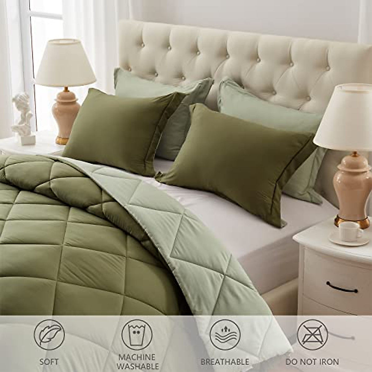 NexHome Queen Comforter Set - Olive Green Comforter Queen Size Bedding Set - Soft Reversible Down Alternative Full Size Comforter Bed Set 3 Pieces 1 Comforter (88"x88") + 2 Pillow Shams (20"x26")