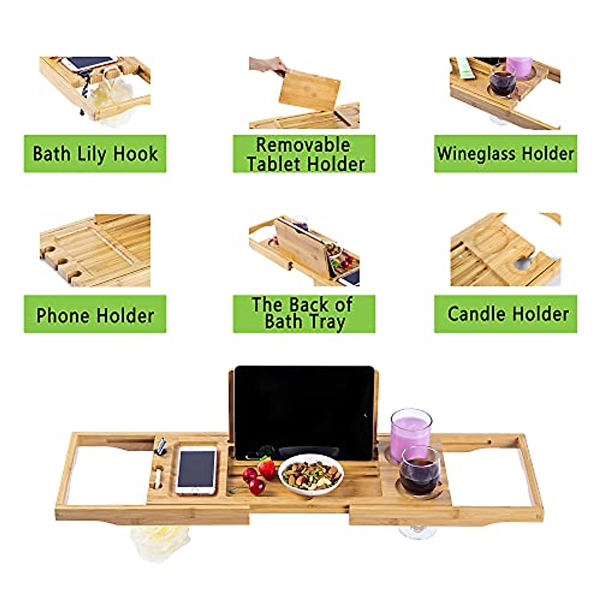 Utoplike Bamboo Bathtub Caddy Tray Bath Tray for Tub, Adjustable Bathroom Bathtub Organizer with Book Tablet Wine Glass Cup Towel Holder,Distinctive Gift (24.5"-37.4")