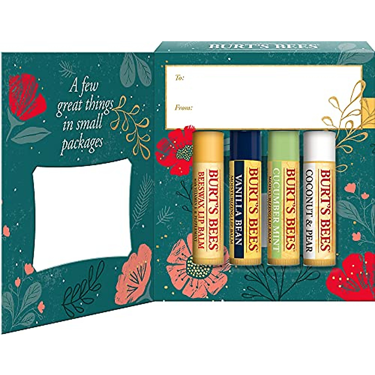 Burt’s Bees Holiday Gift, 4 Lip Balm Stocking Stuffer Products, Beeswax Bounty Assorted Set - Original Beeswax, Vanilla Bean, Cucumber Mint & Coconut Pear (Old Verison)