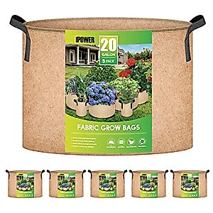 iPower 20 Gallon Grow Bags Nonwoven Fabric Pots Aeration Container with Strap Handles for Garden and Planting, 5-Pack Tan, 20 Gallon 20 Gallon