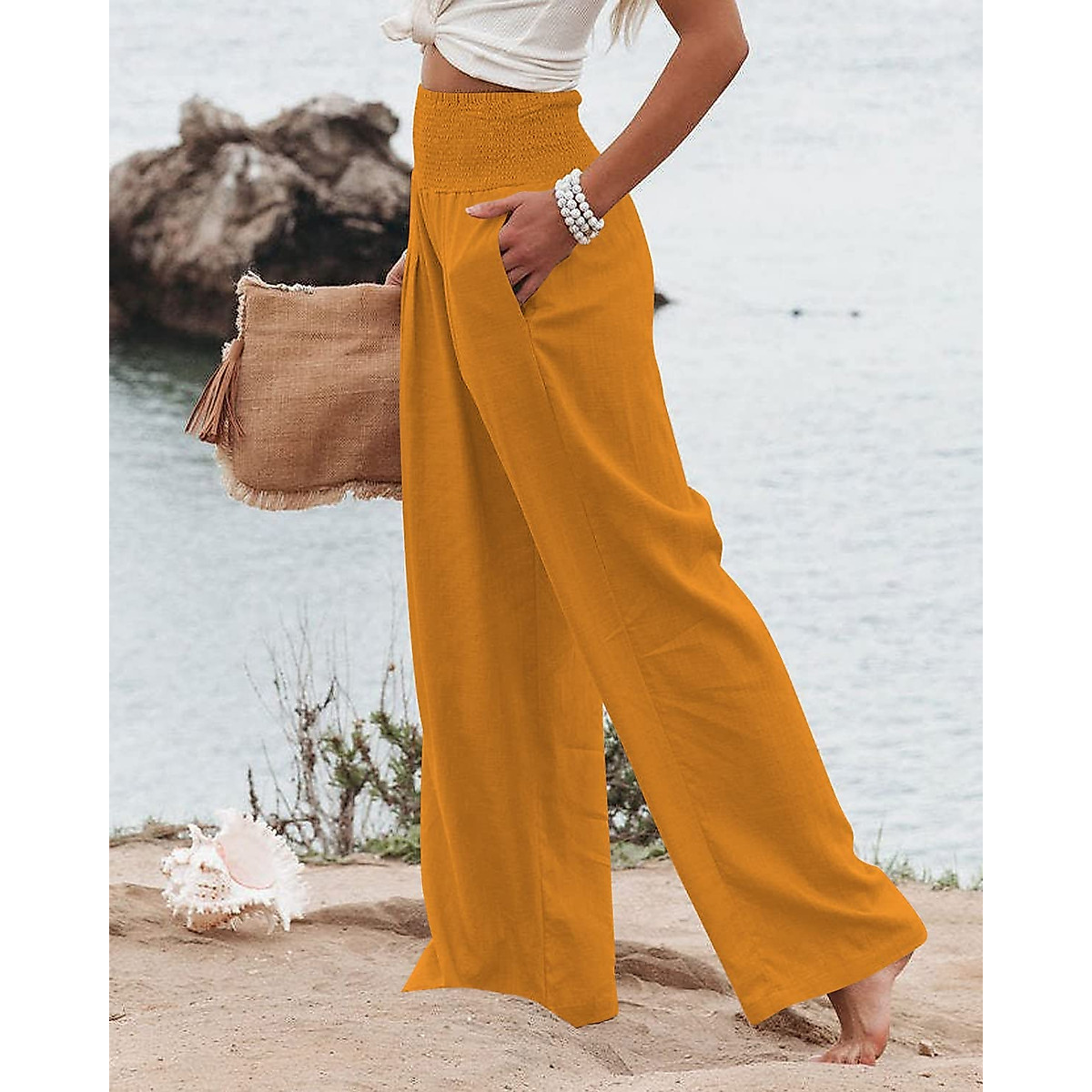 GLIENST Womens Cotton Linen Pants Elastic High Waist Wide Leg Pants Palazzo Lounge Smocked Casual Trousers with for Ladies Pockets One Piece Athletic Pants Deep Yellow XL