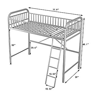GINGVAT Twin Size Metal Loft Bed with Ladders/Full-Length Guardrails, Modern Style Study/Play Area, No Box Spring Needed, Silver