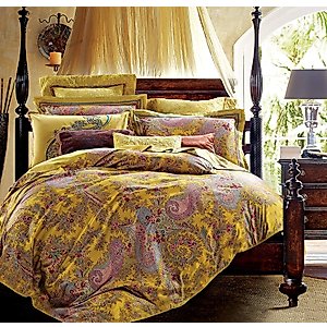 Eikei Vintage Botanical Flower Print Bedding 400tc Cotton Sateen Romantic Floral Scarf Duvet Cover 3pc Set Colorful Antique Drawing of Summer Lilies Daisy Blossoms (Queen, Mustard)