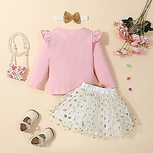 vivifayee Toddler Kids Baby Birthday Girl Outfit Ruffle Long Sleeve Birthday Princess Shirt Polka Dots Tutu Dress Cute Skirt Sets with Headband
