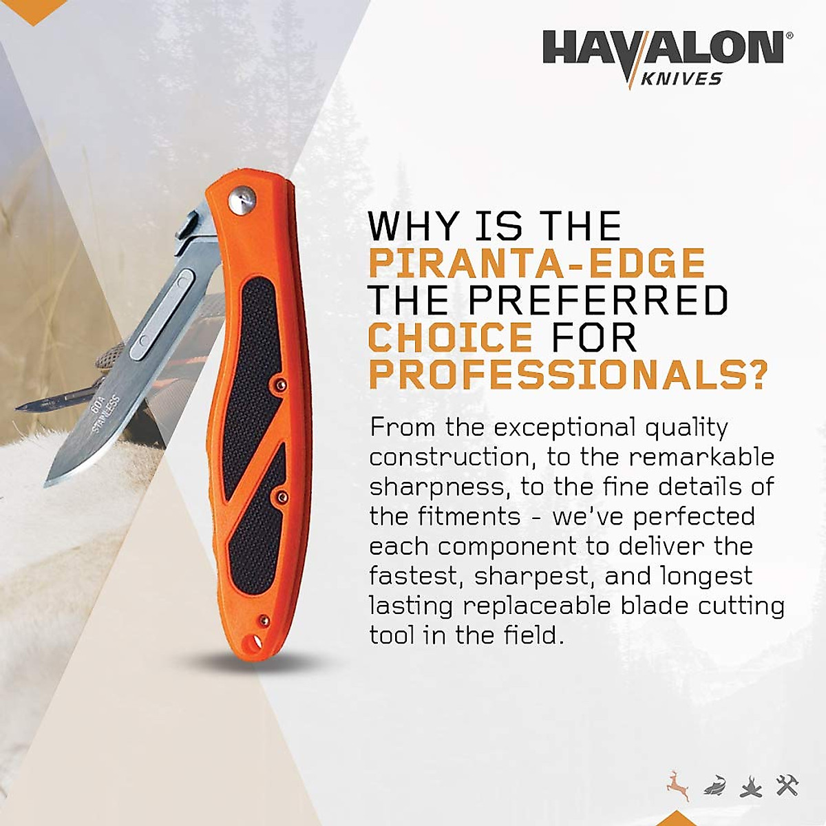 Havalon Piranta-Edge - Outdoor Knife + 12 Replacement Blades, Sharp Skinning Knives for Hunting, Fishing, Deer & Survival, Orange