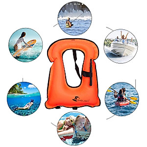 OMOUBOI Snorkel Vest for Adults Swim Vests Inflatable Snorkeling Jackets for Diving, Snorkeling, Swimming Safety (Suitable for 100-220 lbs) (Orange)
