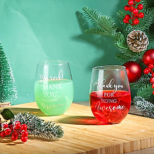 Mumufy 6 Pieces Thank You Stemless Wine Glass Gifts for Women, Inspirational 17oz Cups for Her Coworker Friends Teacher, Christmas Appreciation Birthday Thanksgiving Day Gifts Cups, 6 Styles