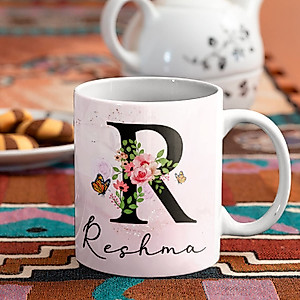 Personalized Name & Initial Monogram Floral Pink Pattern Alphabet White Coffee Mug Cup, Initial Monogram Travel Mug Gift For Women