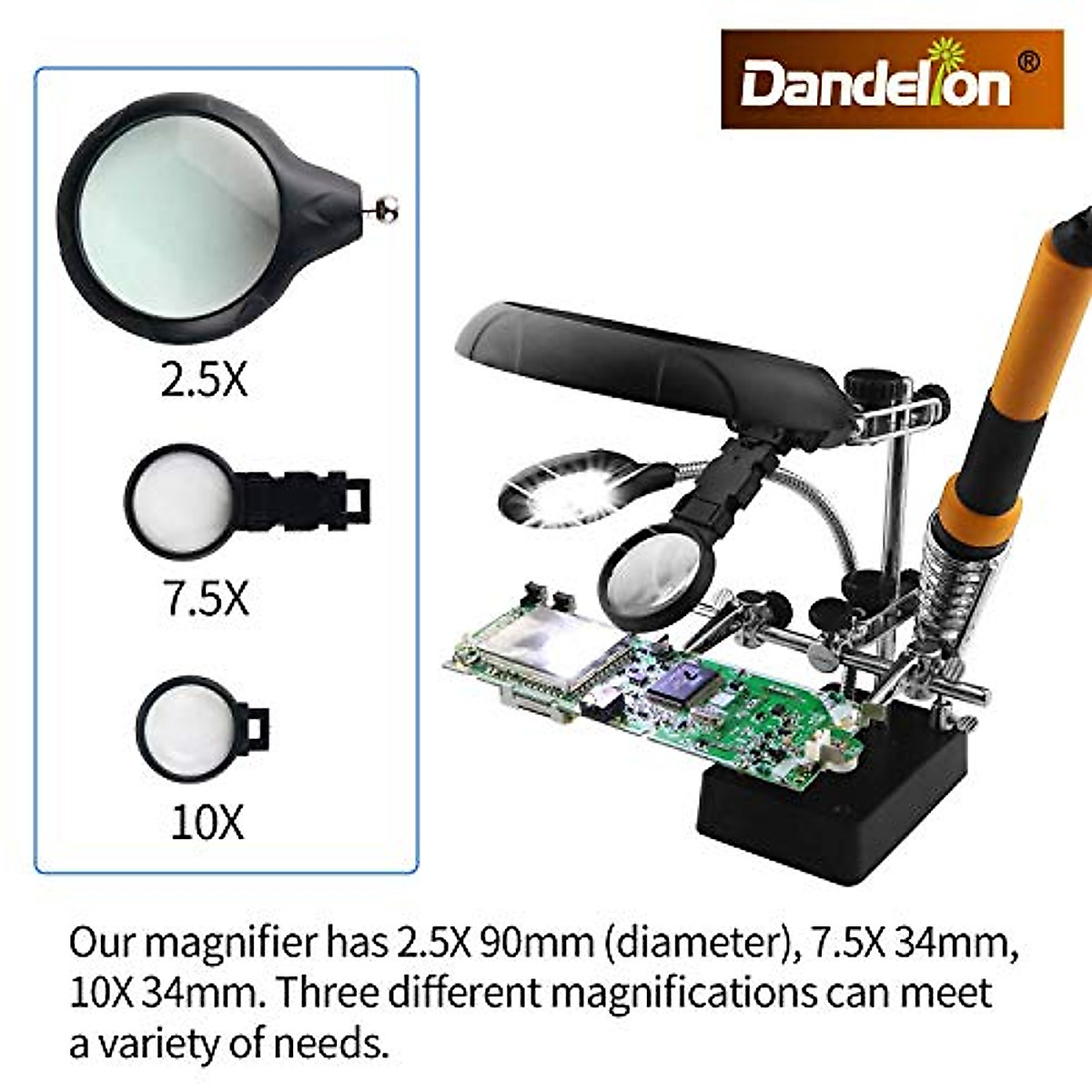 Dandelion 2.5X 7.5X 10X LED Light Magnifier Soldering Station,Magnifying Desk Lamp Helping Hand Repair Clamp Alligator Auxiliary Clip Stand Desktop Magnify Glass for Painting Miniature,Jewelry Pieces