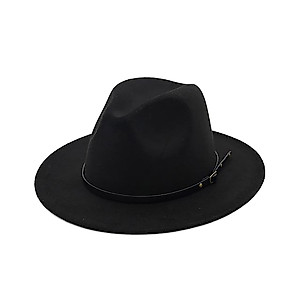 Eohak Womens Belt-Buckle-Panama-Hat Wool Womens Wide Brim Fedora Hat (S-M) Black