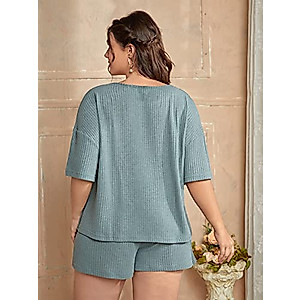 SOLY HUX Women's Plus Size Waffle Knit Short Sleeve Top and Shorts Pajama Set Sleepwear Cadet Blue 1XL