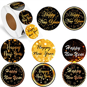800 Pcs 2025 Happy New Year Stickers Round Black and Gold Stickers Bulk 1.38 Inch Snowflake New Year Labels Decorative Stickers for New Year Holiday Cards Envelopes Gift Boxes, 8 Designs