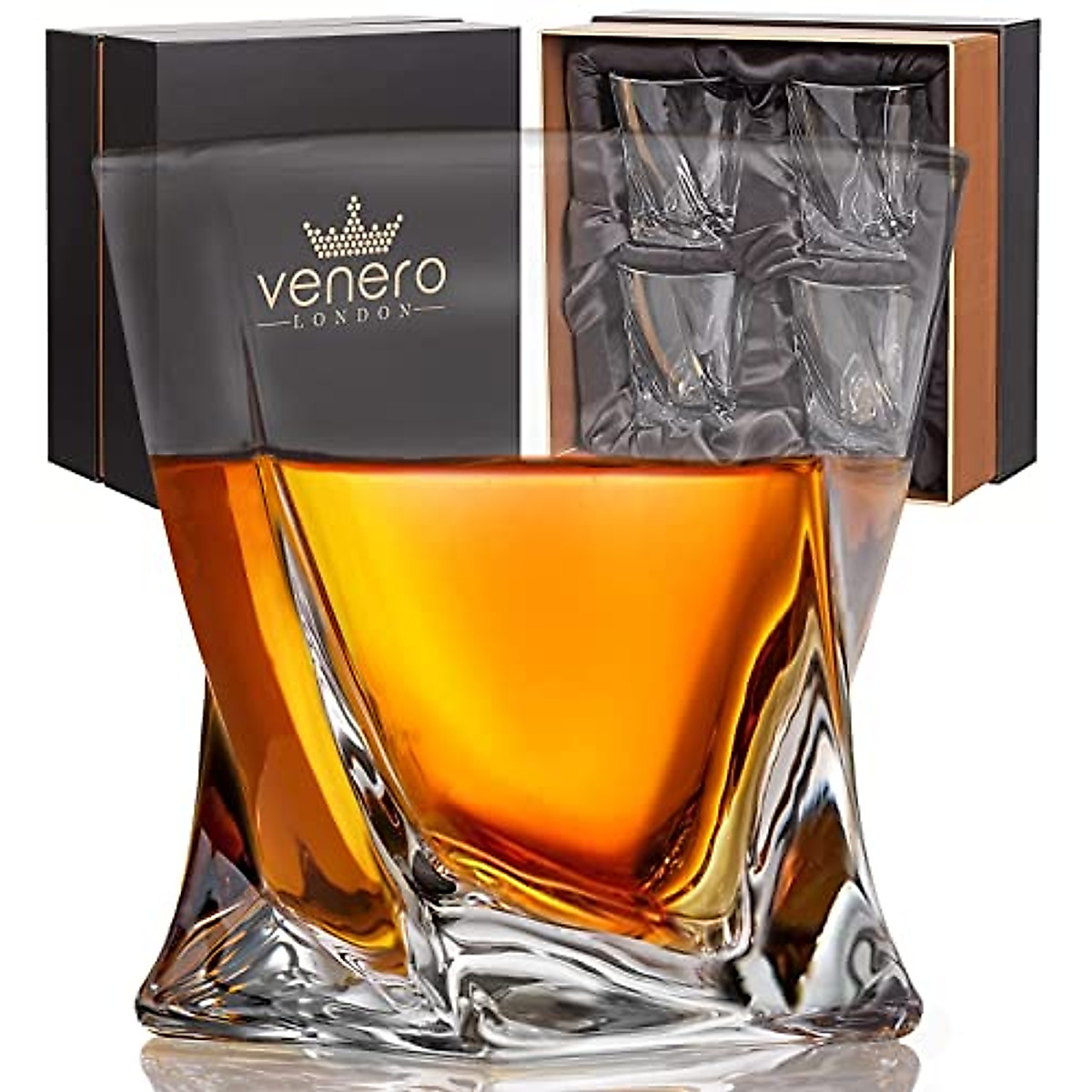 VENERO Crystal Whiskey Glasses, Set of 4 Rocks Glasses in Satin-Lined Gift Box - 10 oz Old Fashioned Lowball Bar Tumblers for Drinking Bourbon, Scotch Whisky, Cocktails, Cognac
