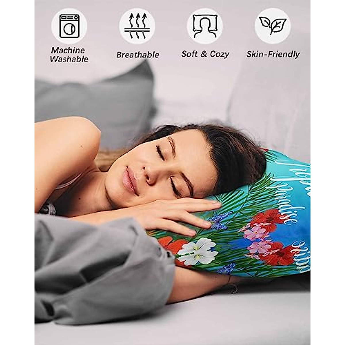Tropical Plants Pillow Covers King Standard Set of 2 Bed Pillow, Colorful Summer Flowers Botanical Parrot Blue Plush Soft Comfort for Hair/ Skin Cooling Pillowcases with Envelop Closure 20''x36''