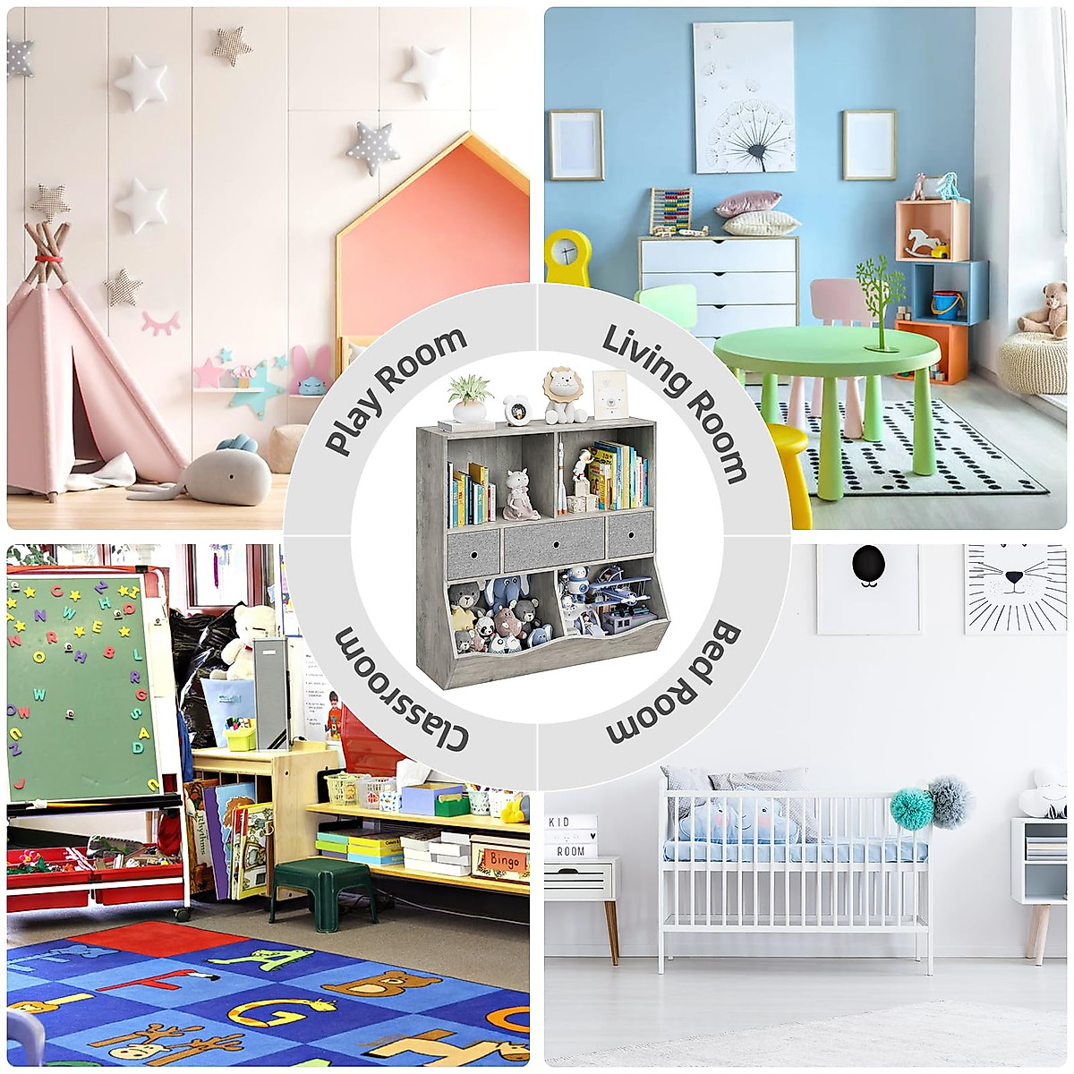 Alkmaar Kids Bookshelf and Bookcase Toy Storage Multi Shelf with Cubby Organizer Cabinet and Drawers for Boys Girls for Children's Room Playroom Hallway Bedroom (Grey)